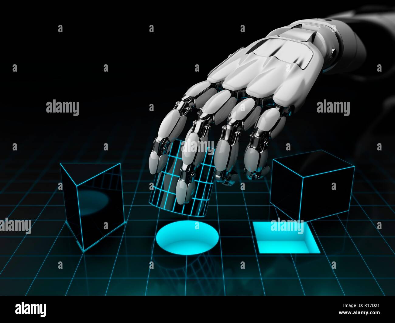 Robot hand at during test in robotics school. Machine learning concept ...