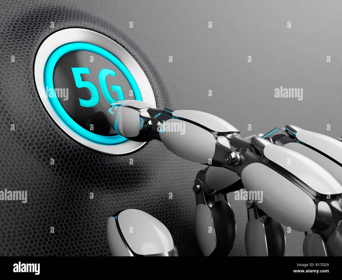 Robotic hand, presses the start button of the 5G network. 3D ...