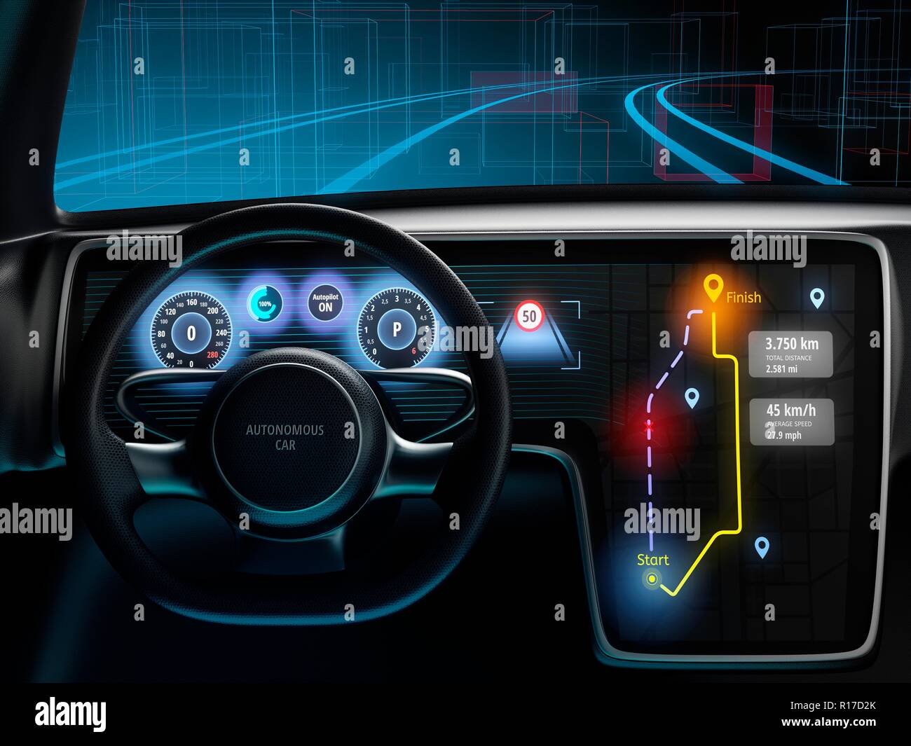 Digital dashboard of autonomous car, driverless car technology. 3D ...