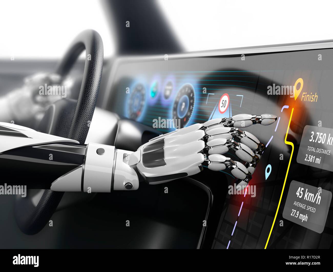 Robot driving car. 3D illustration Stock Photo - Alamy
