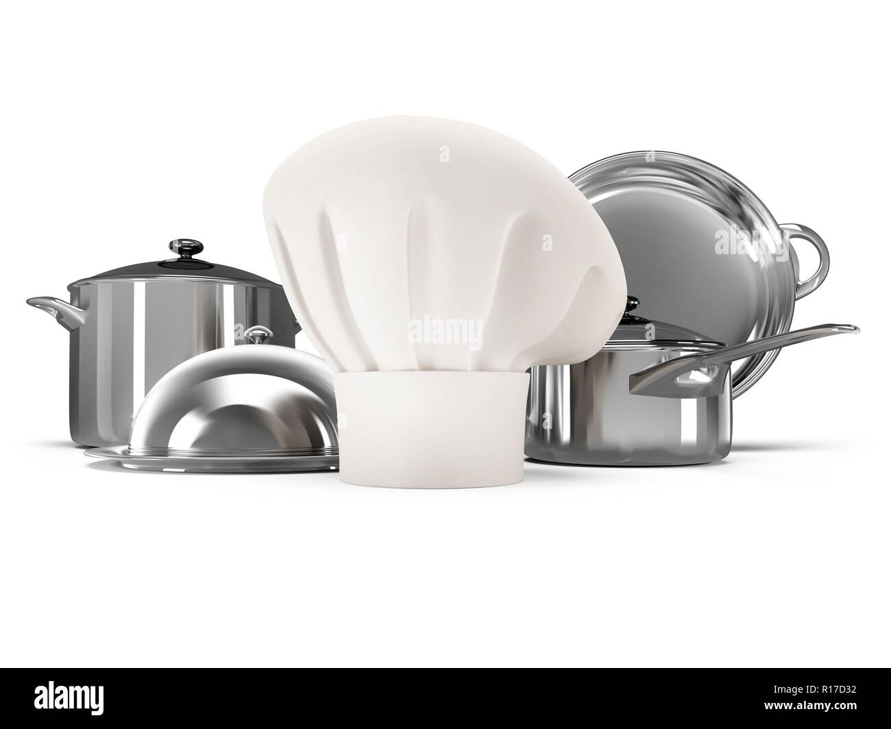 Stainless steel kitchenware with chef hat isolated on white background ...