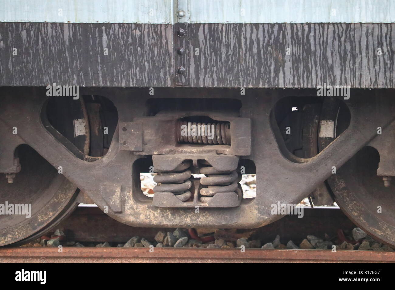 closeup wheel of a train on railroad at the station Stock Photo - Alamy