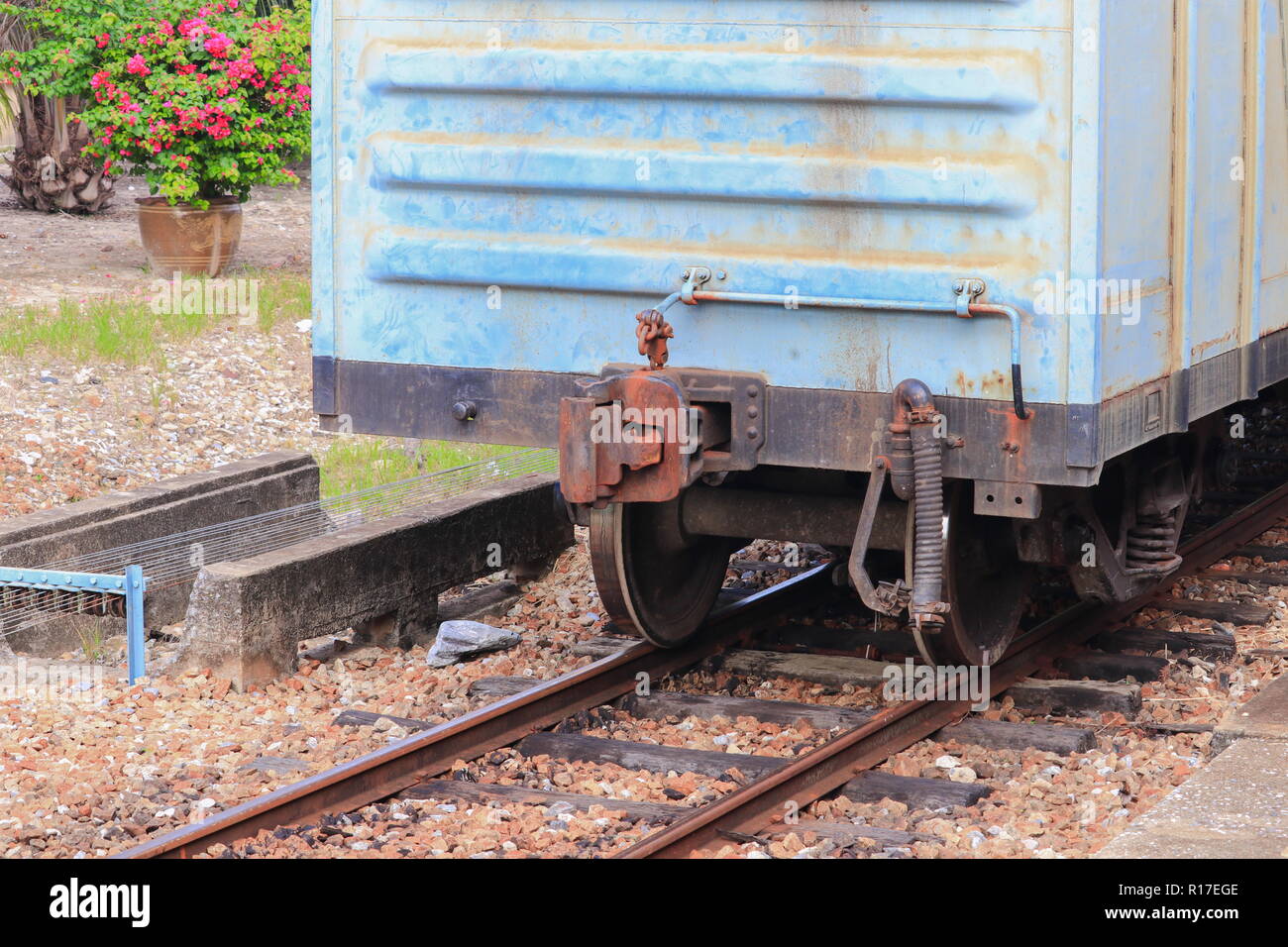 joint of a train on railroad at the station Stock Photo - Alamy