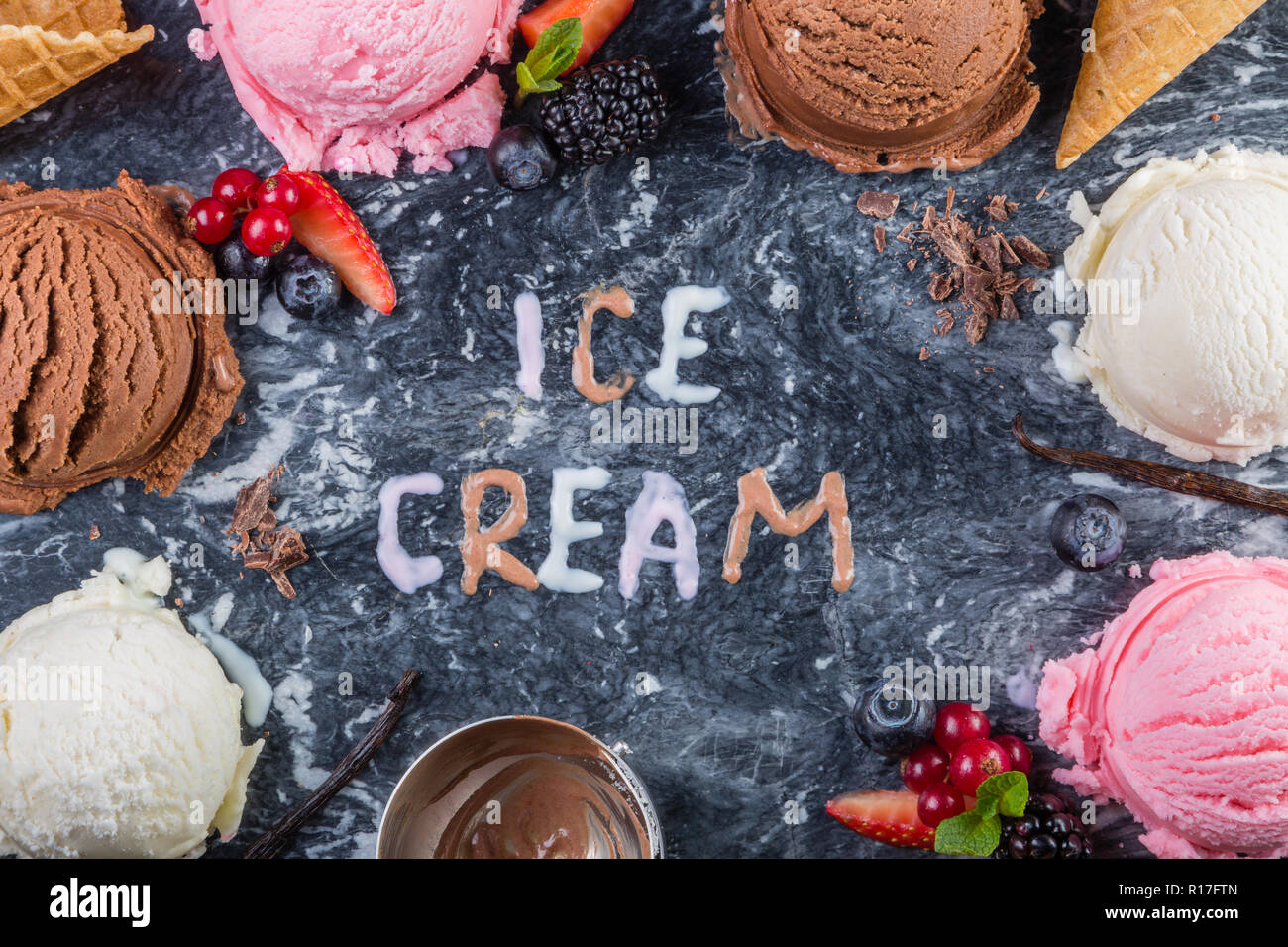 Selection of colorful ice cream scoops in white bowls Stock Photo - Alamy