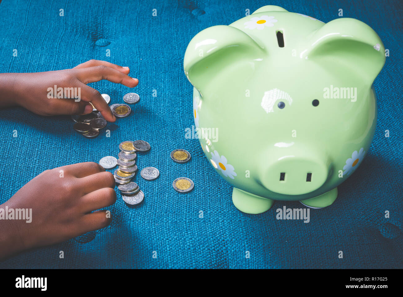 Little girl counting coins with piggy bank Stock Photo - Alamy