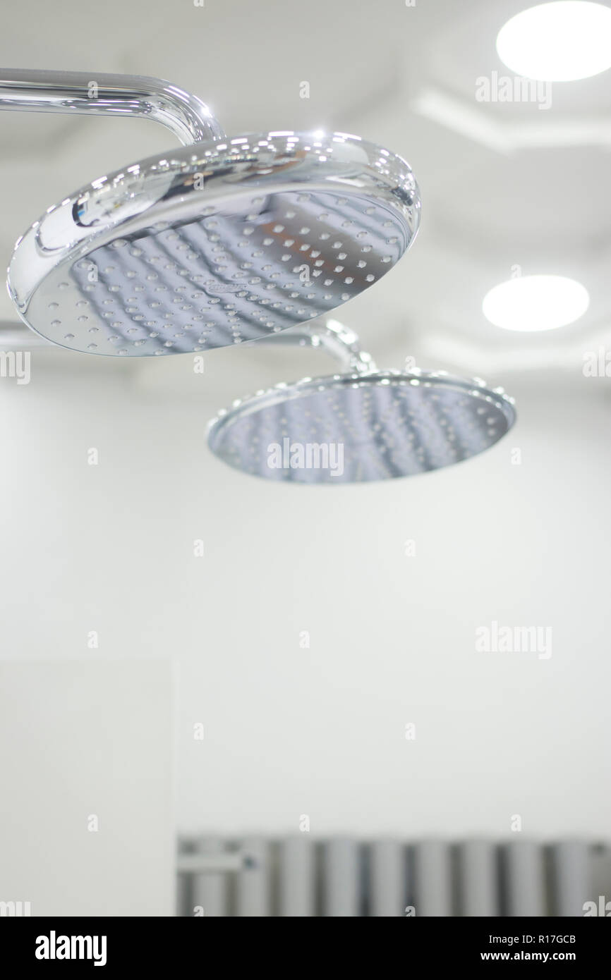 Bathroom chrome shower head showroom display of new design option for ...