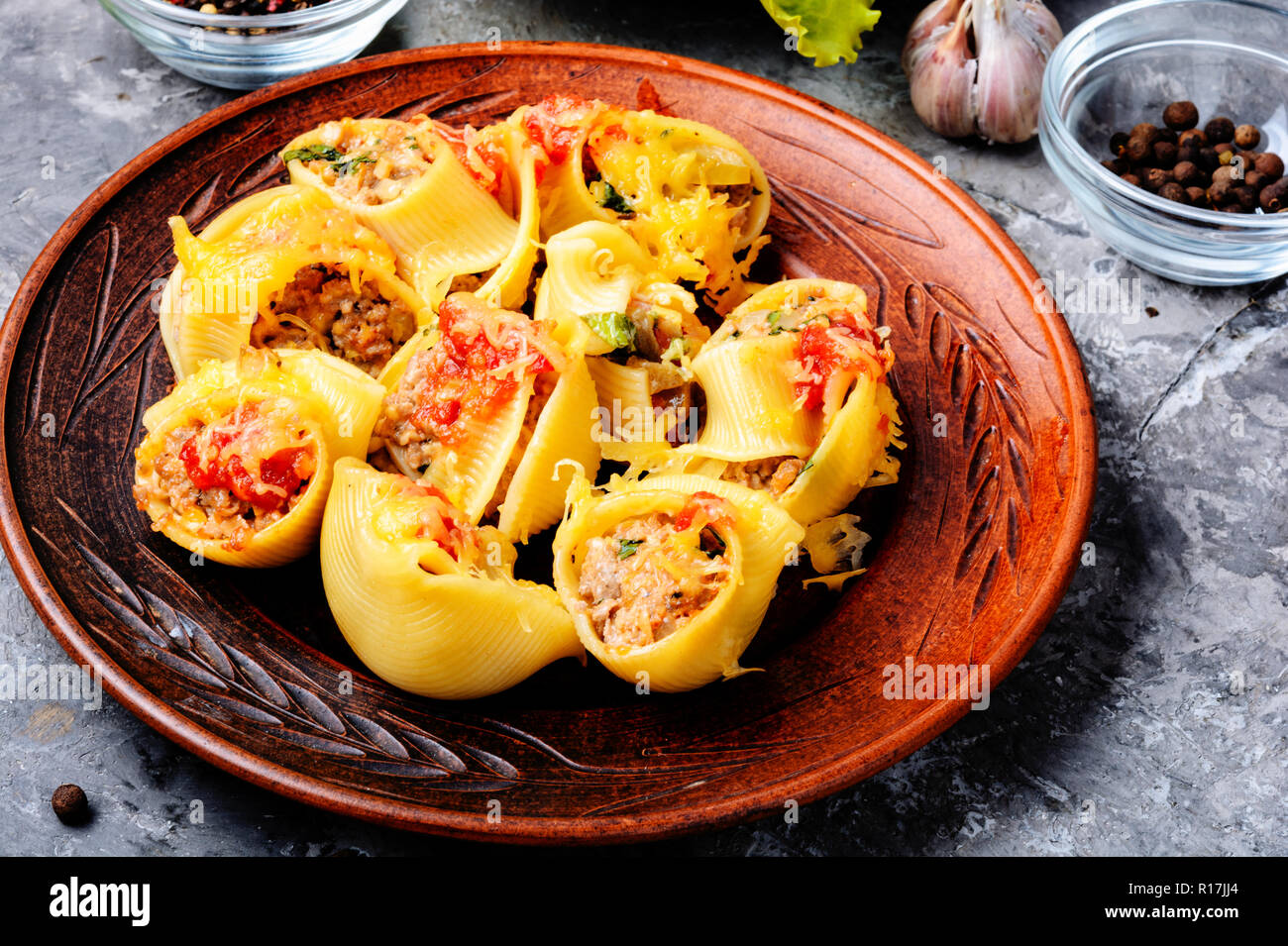 Italian style stuffed pasta shells with meat.Stuffed ricotta cheese ...