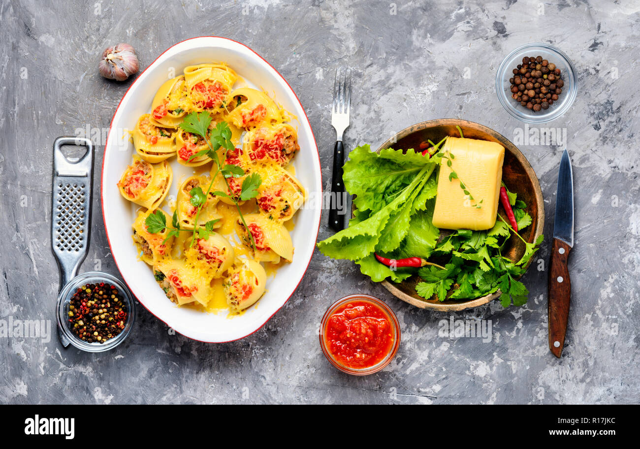 Italian style stuffed pasta shells with meat.Stuffed ricotta cheese ...