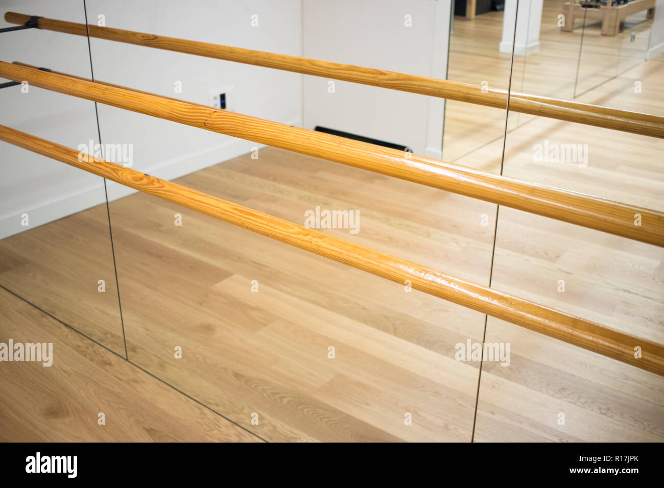 Pilates fitness studio gym room with training dance ballet bar for ...
