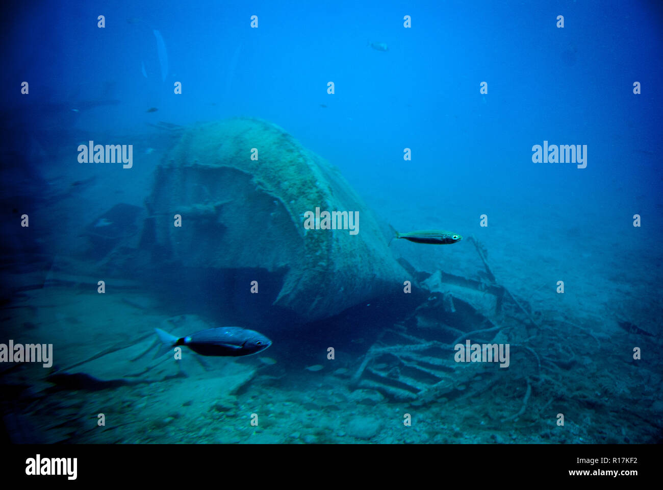 A ship wreck laying on the ground of the ocean in the blue water Stock ...