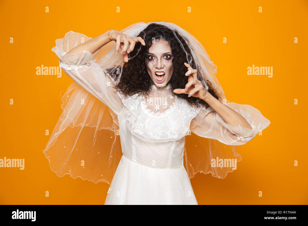 Image of scary dead bride on halloween wearing wedding dress and makeup ...