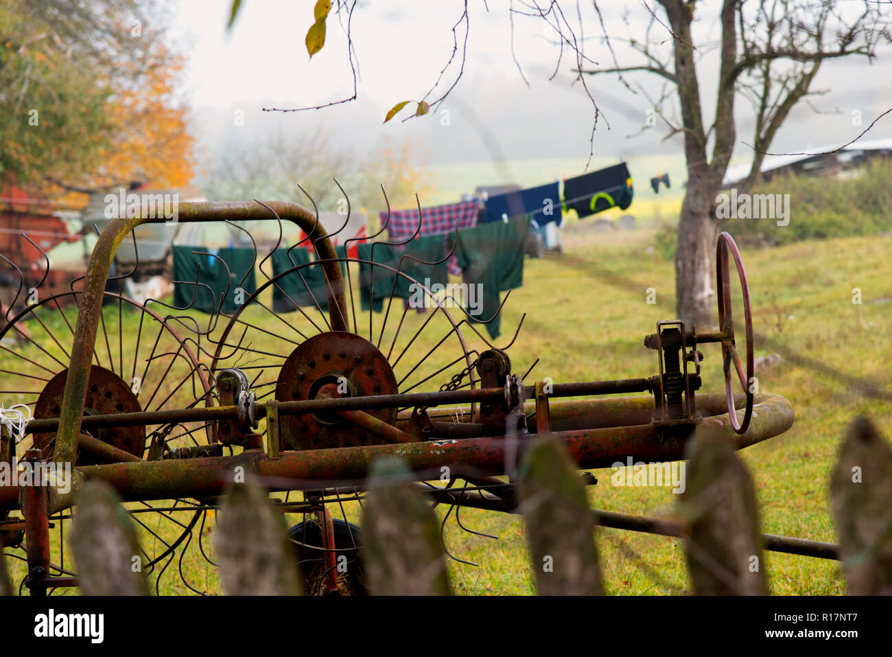 laundry, farmer, agricultural tools, tractor, hay rake, autumn, falling ...