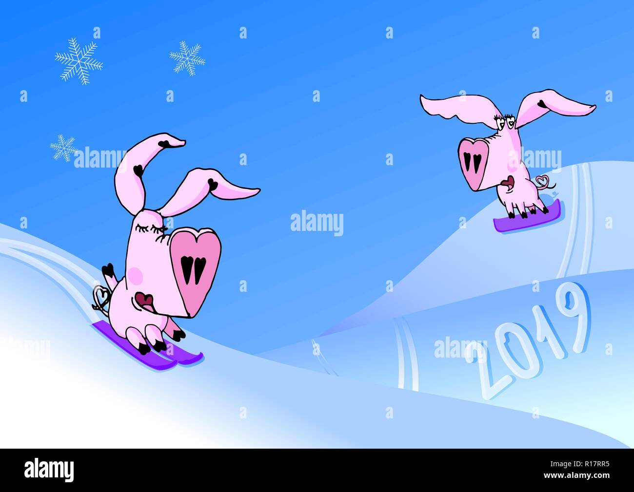 Funny cartoon pigs skiing and snowboarding. Two funny pigs with heart ...