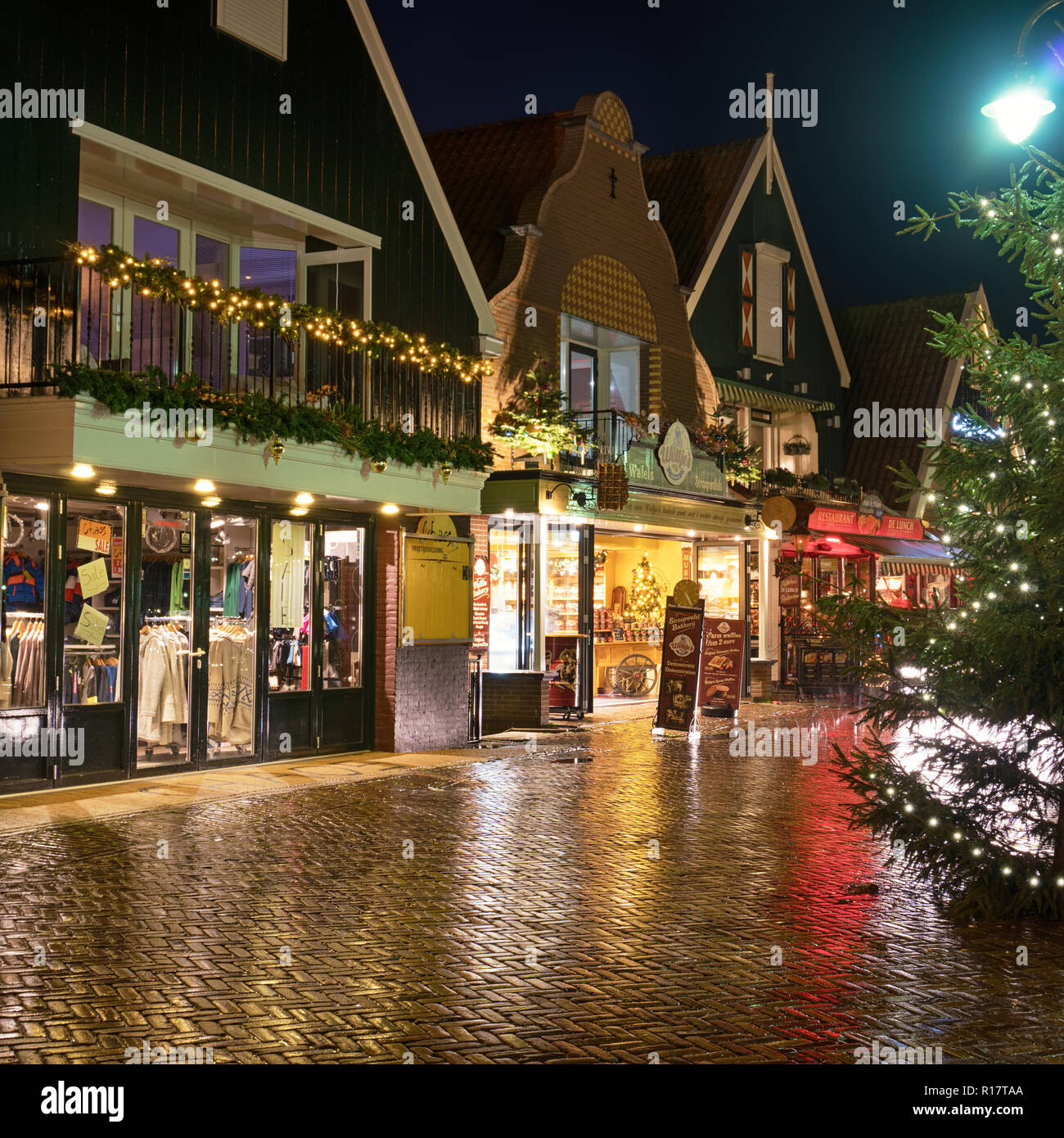 Volendam, Netherlands - December 31, 2018: Downtown of Volendam is ...