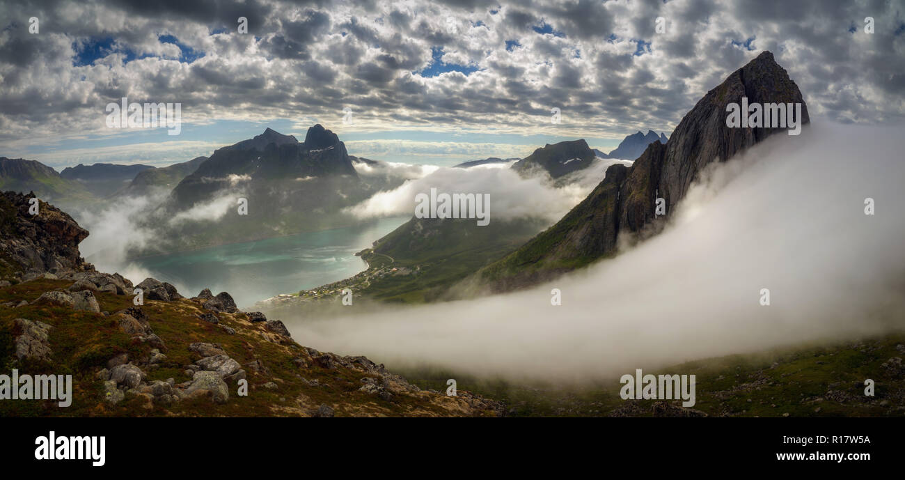 Panorama of Segla summit and Fjordgard village in sunset, Senja, Norway ...