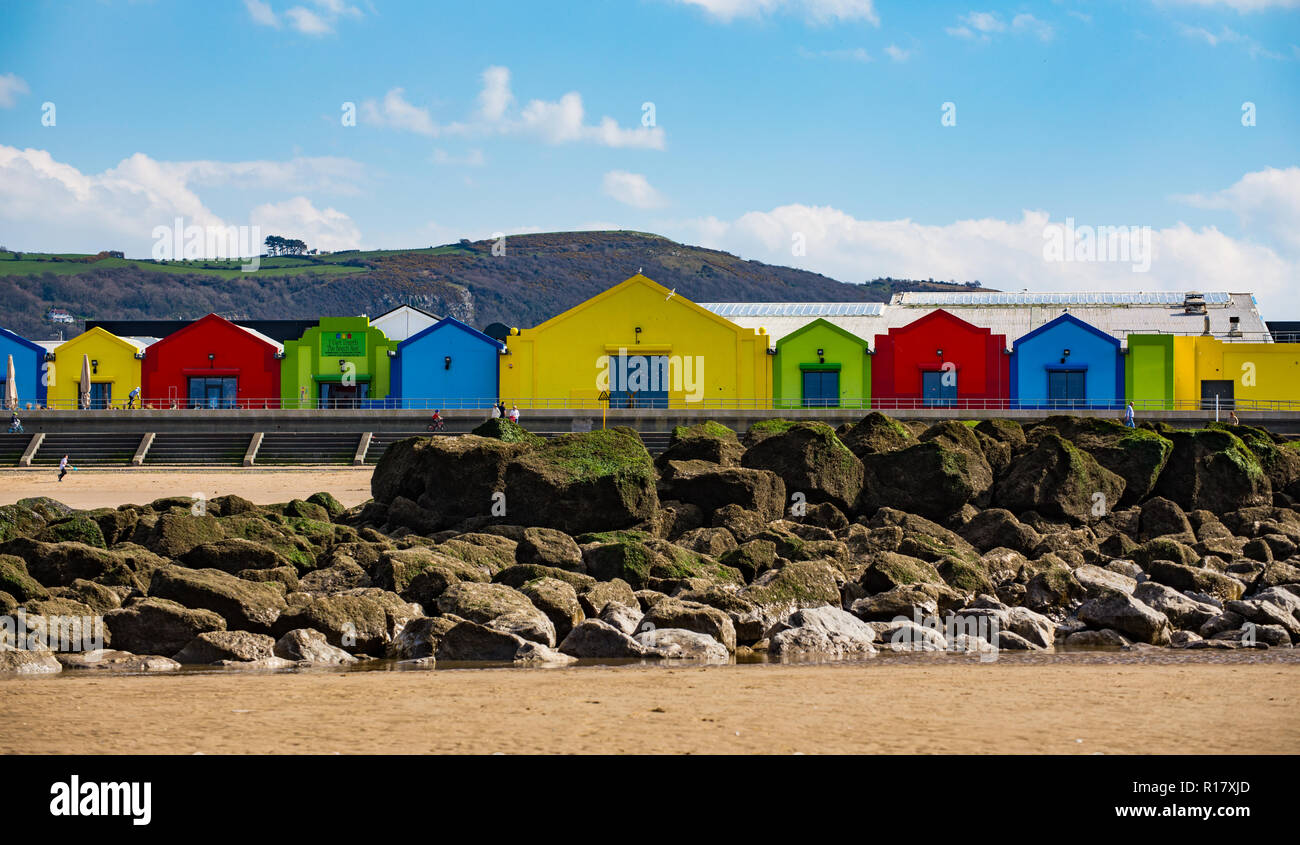 Colorful Nova West centre beach huts at Prestatyn, North Wales, UK 2018 ...
