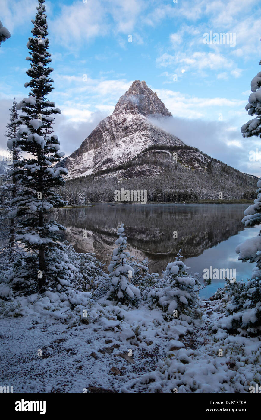 Mt Grinnell and Swiftwater Lake after a snow storm. Glacier National ...