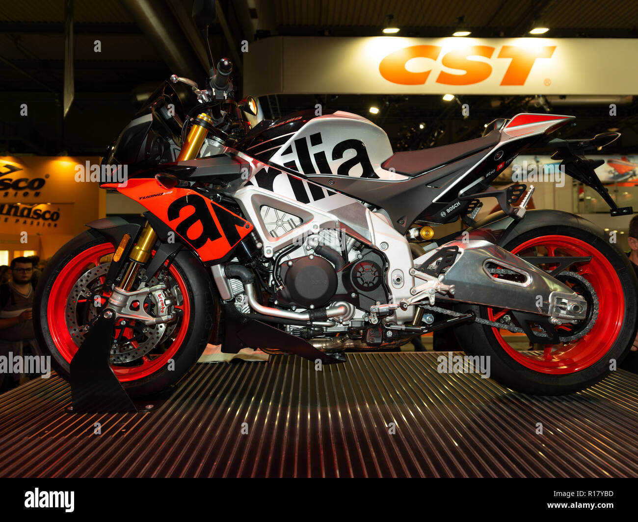MILAN, ITALY – NOV 08, 2018: Aprilia Tuono V4 at EICMA Motorbike show ...