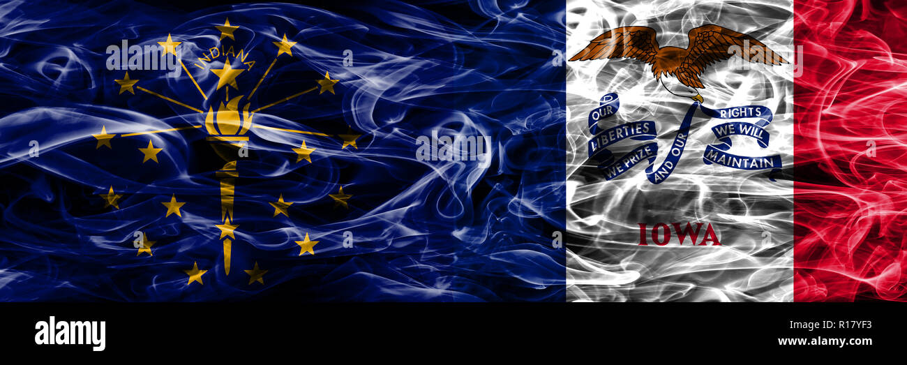 Indiana vs Iowa colorful concept smoke flags placed side by side Stock ...