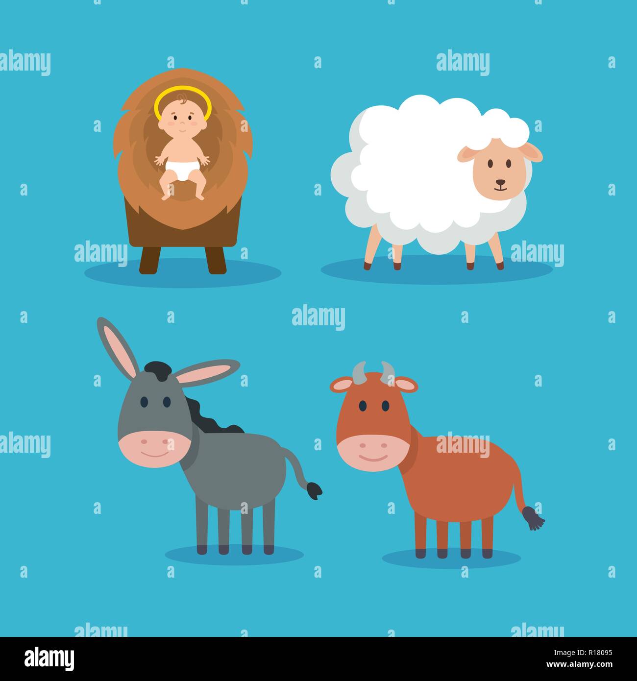 group of animals and jesus baby manger characters vector illustration ...