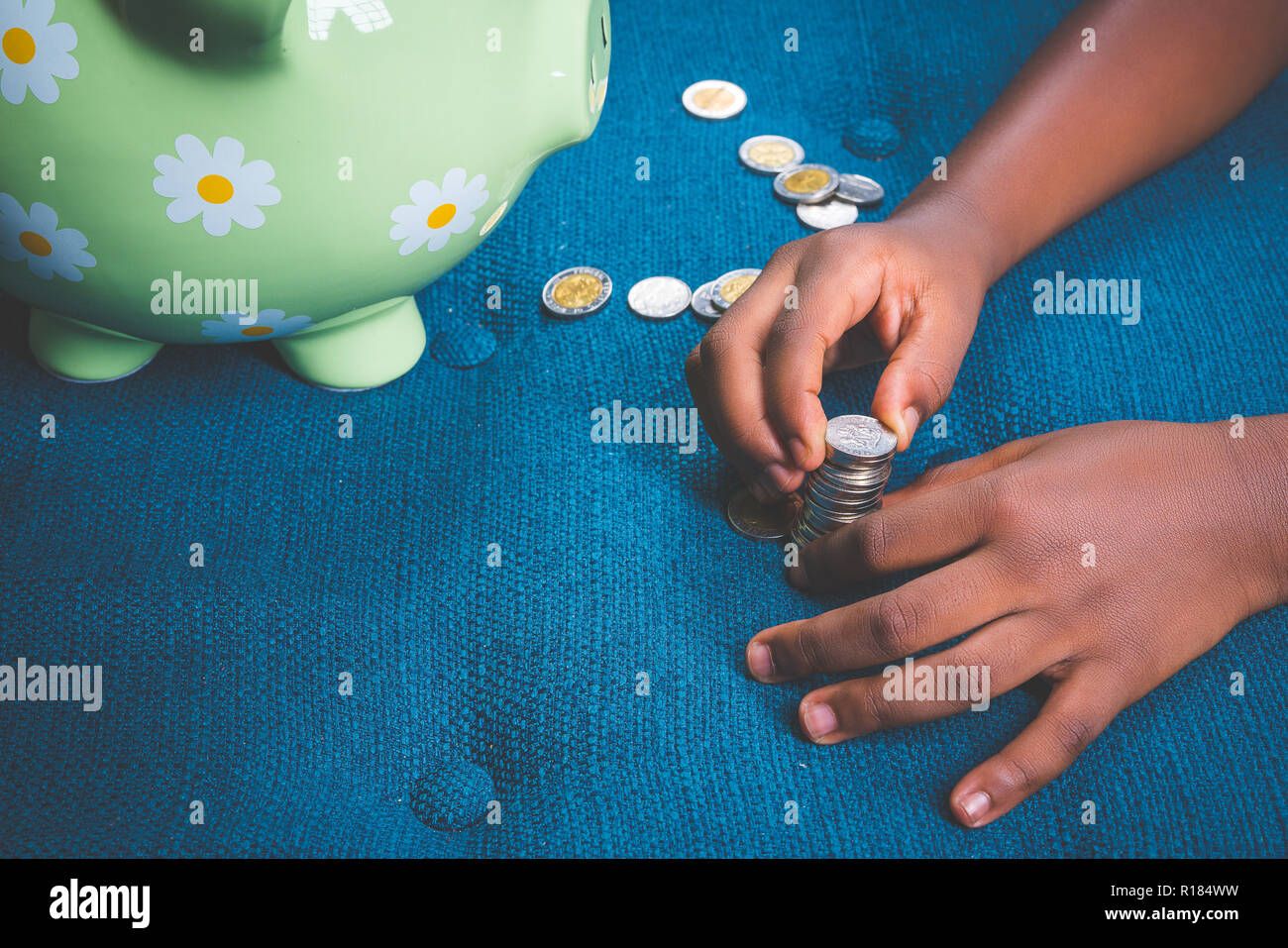Little girl counting coins with piggy bank Stock Photo - Alamy