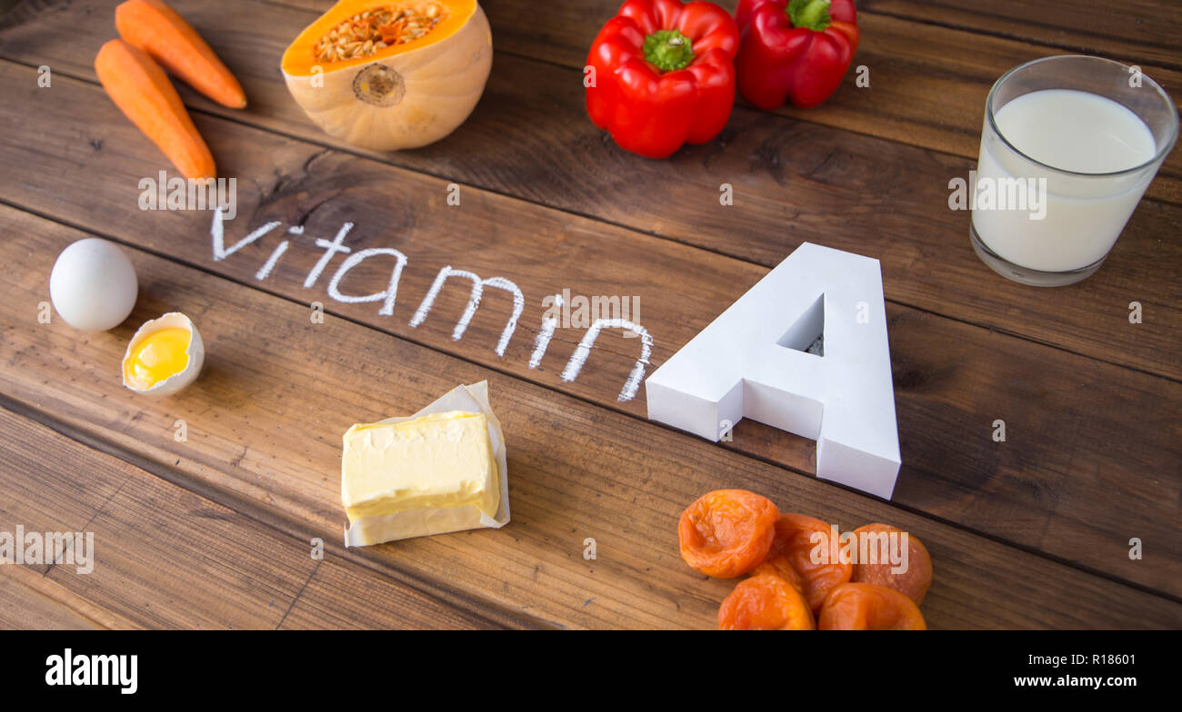 Food sources of natural vitamin A. Top view. Healthy life concept Stock ...