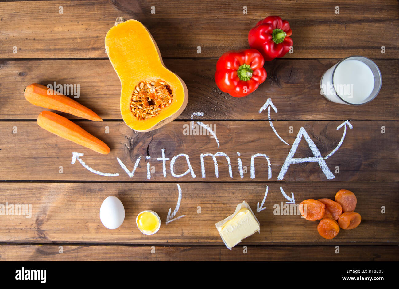 Food sources of natural vitamin A. Top view. Healthy life concept Stock ...