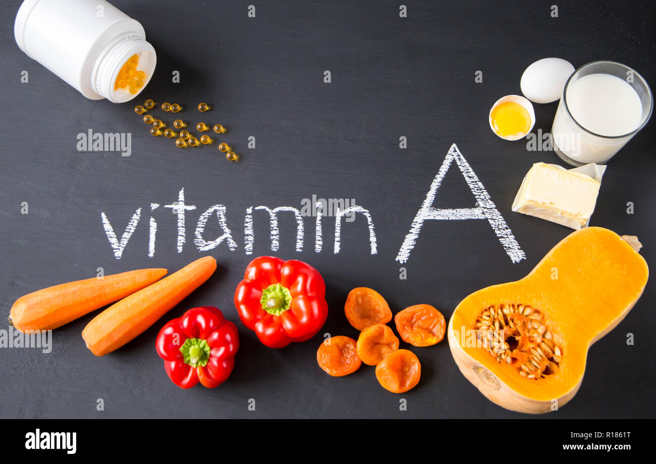 Food sources of natural vitamin A. Top view. Healthy life concept Stock ...