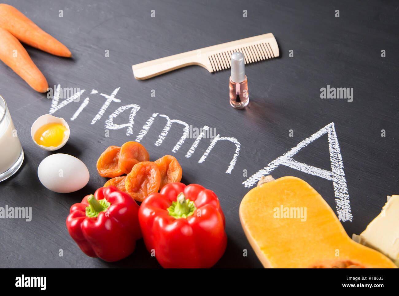 Food sources of natural vitamin A. Top view. Healthy life concept Stock ...