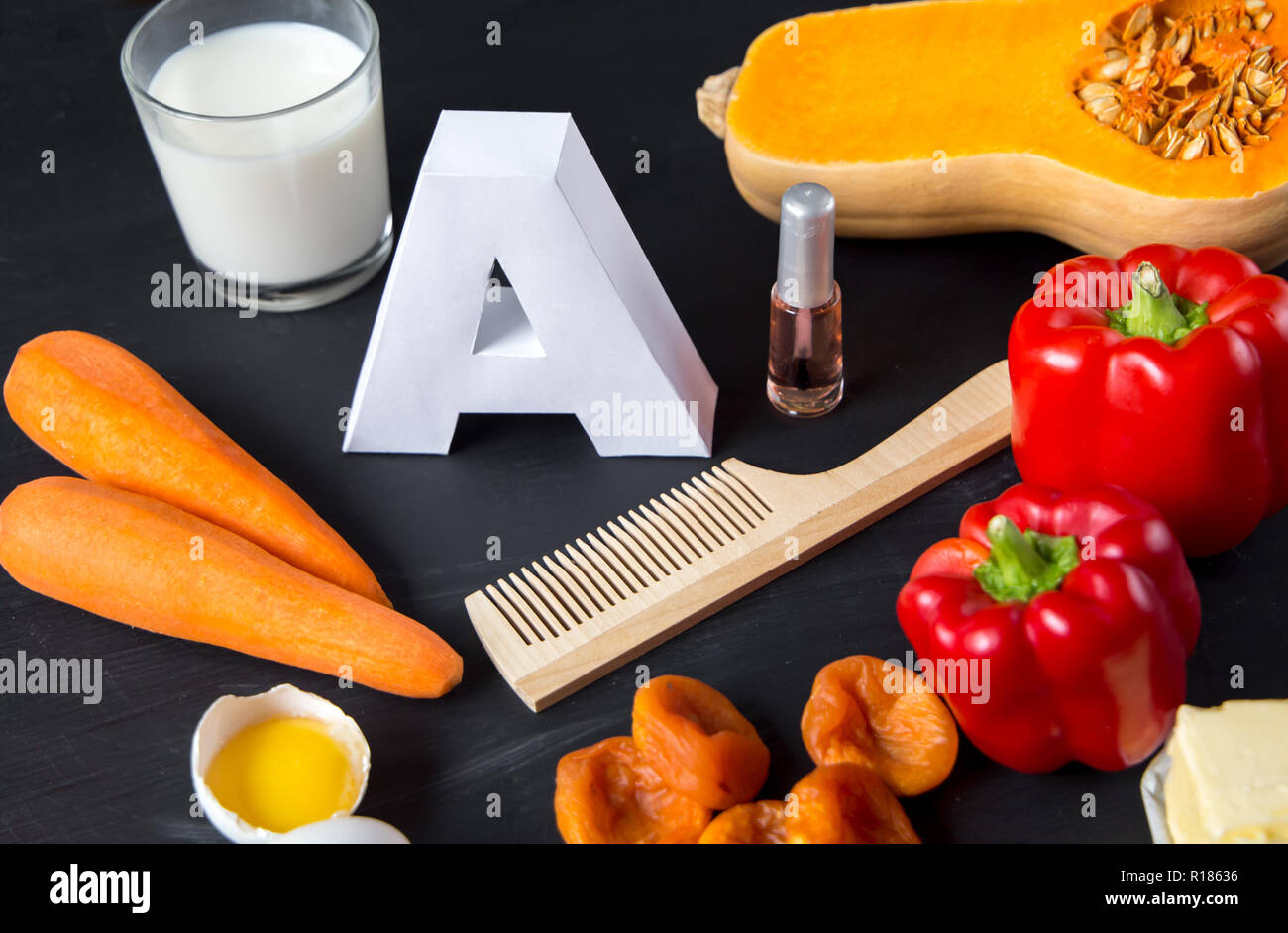 Food sources of natural vitamin A. Top view. Healthy life concept Stock ...