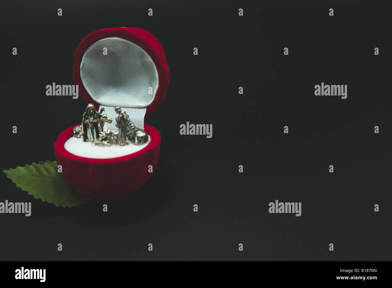 Christian nativity scene silver figures inside a red rose flower jewel ...