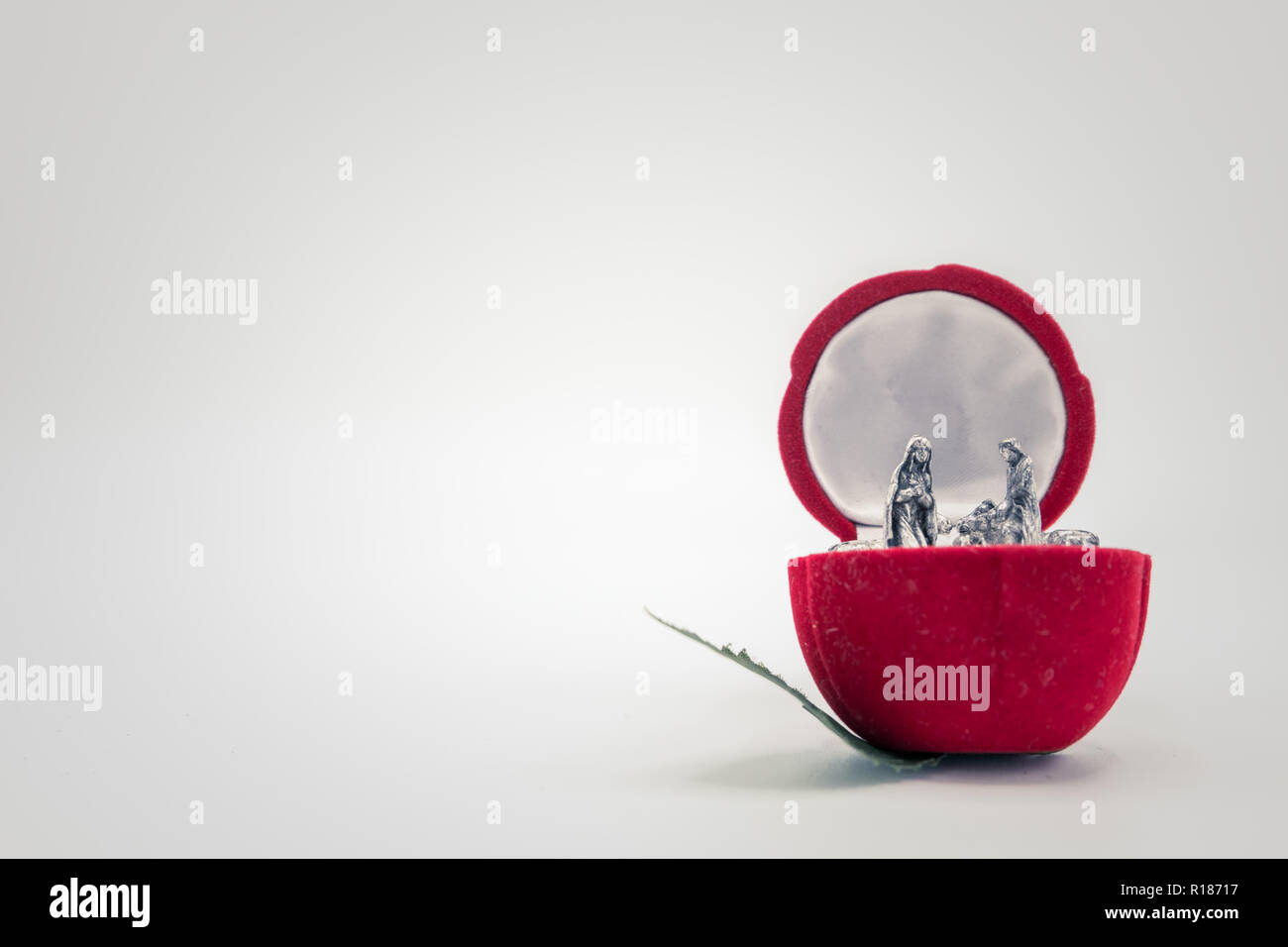 Christian nativity scene silver figures inside a red rose flower jewel ...