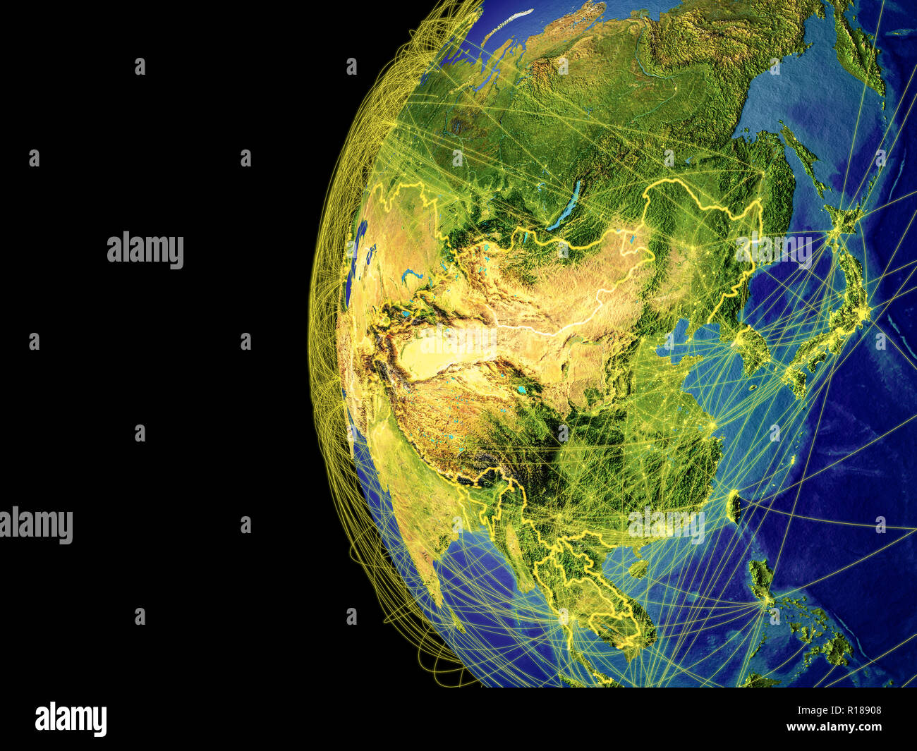 Asia from space on planet Earth with lines representing global ...