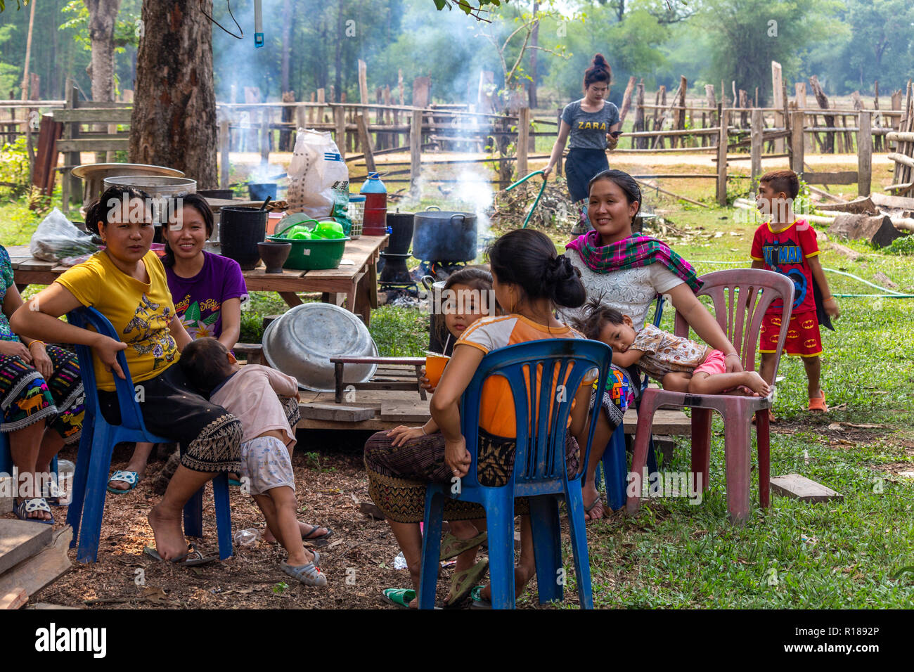 Thakhek, Laos - April 21 2018: Women and children enjoying the saturday ...