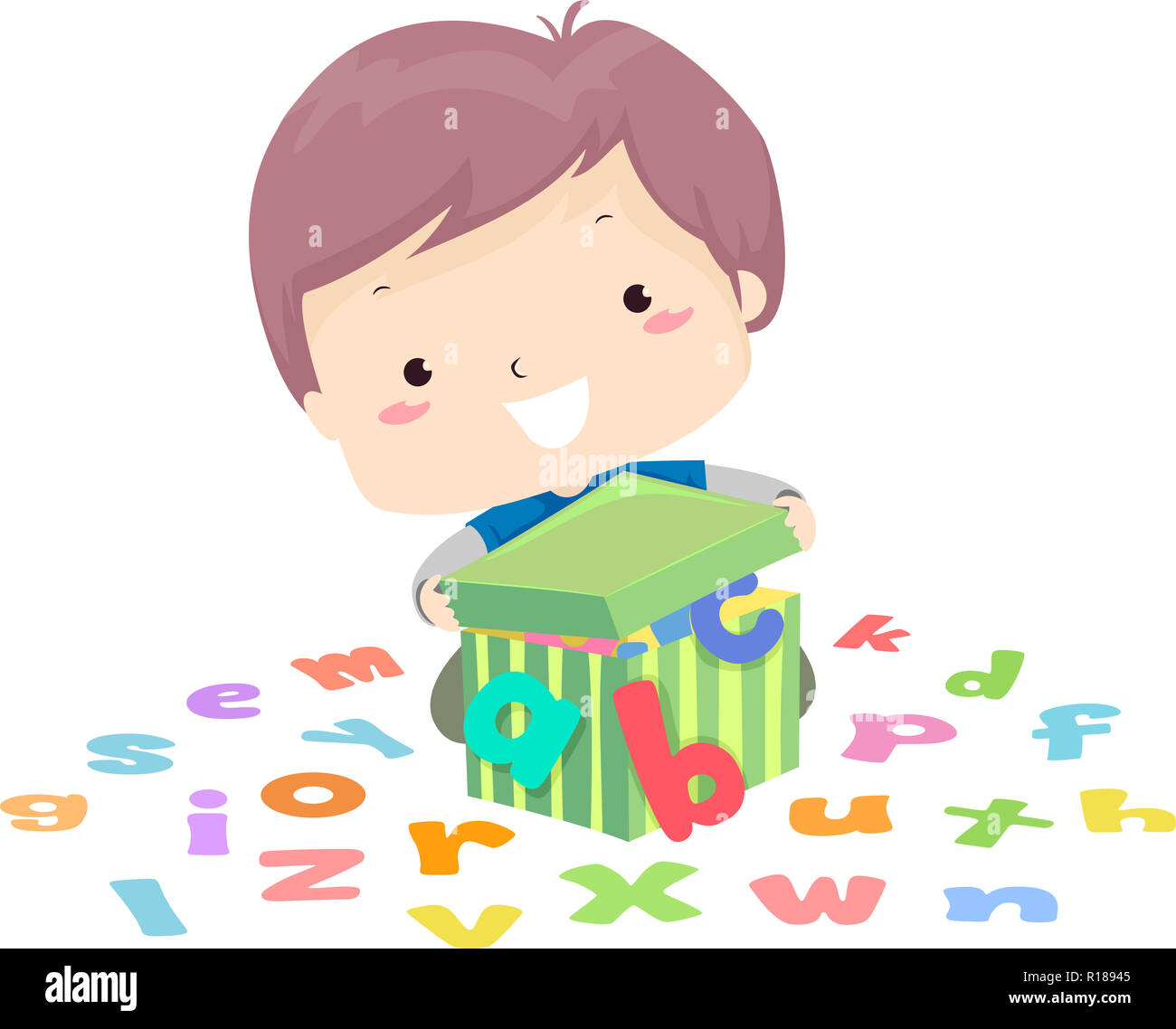 Illustration of a Kid Boy Opening a Box Full of Small Letters in the ...