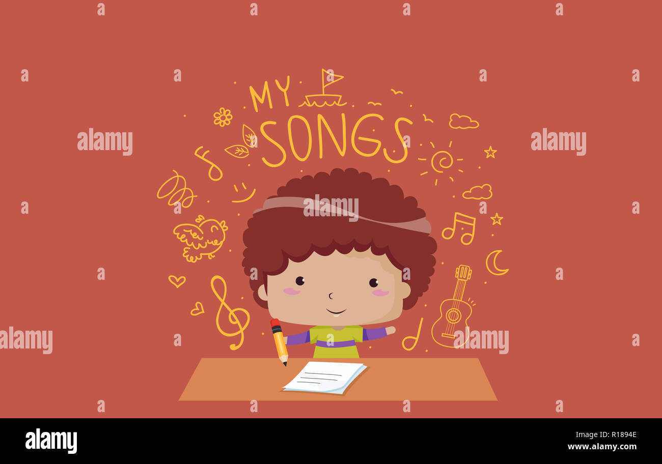 Illustration of a Kid Boy with Pencil and Paper, with Music Doodles ...