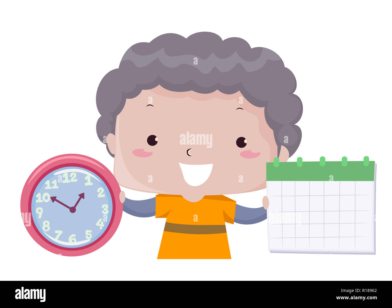 Illustration of a Kid Boy Showing a Clock and a Calendar as Part of ...