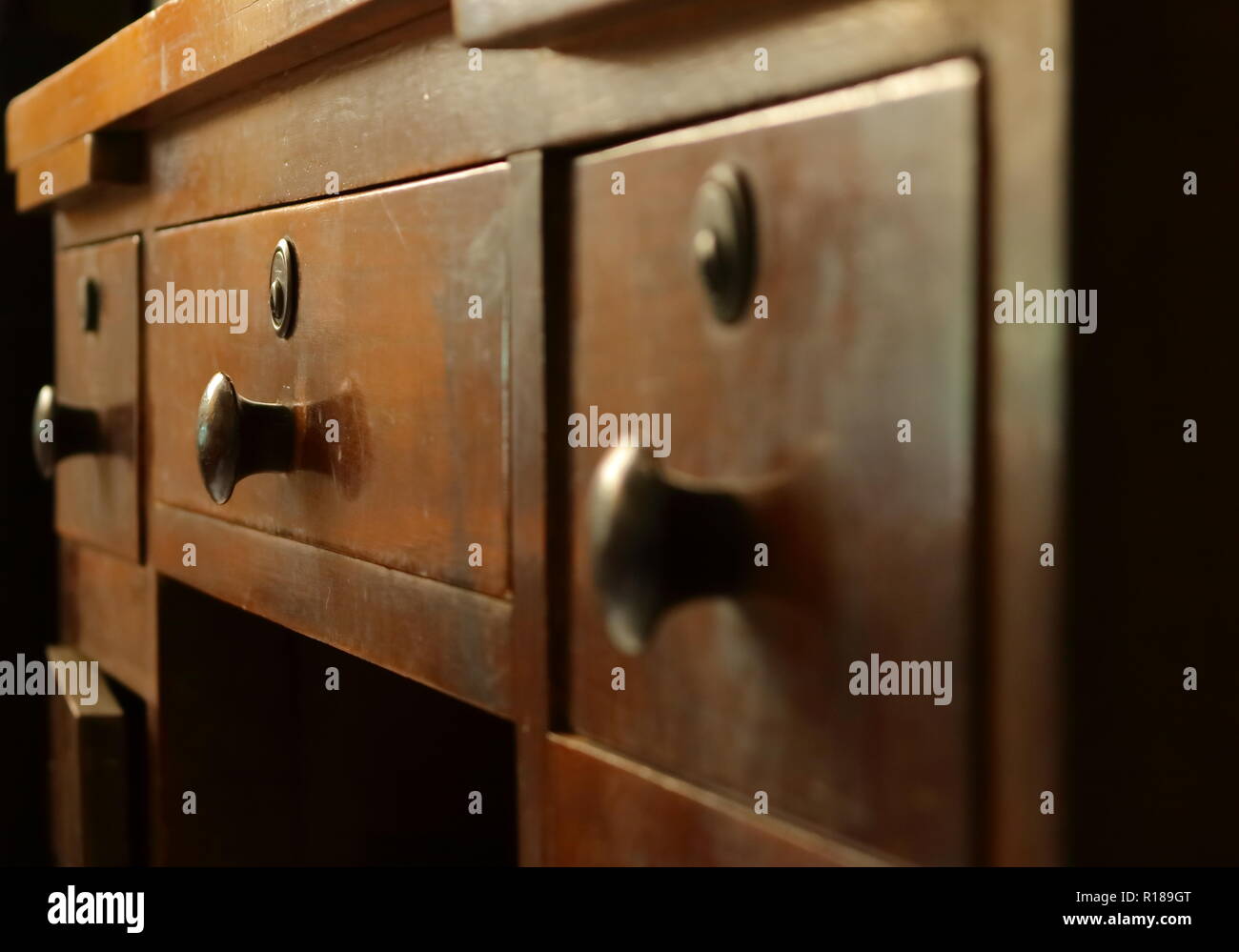 closeup picture of beautiful vintage drawers made from teak wood Stock ...