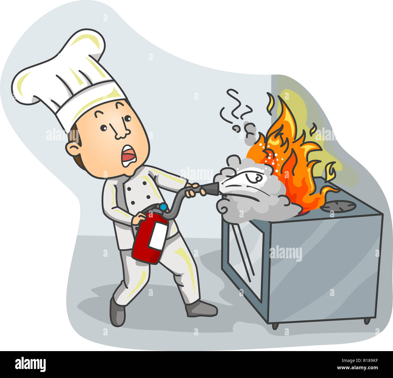 Illustration of a Chef Using Fire Extinguisher to Stop Fire in the ...