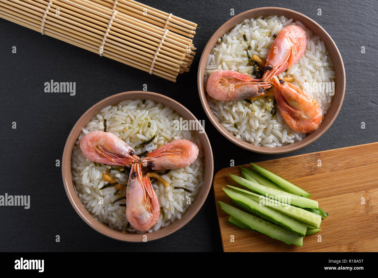 Top view of two portions of ochazuke or chazuke with shrimps Stock ...