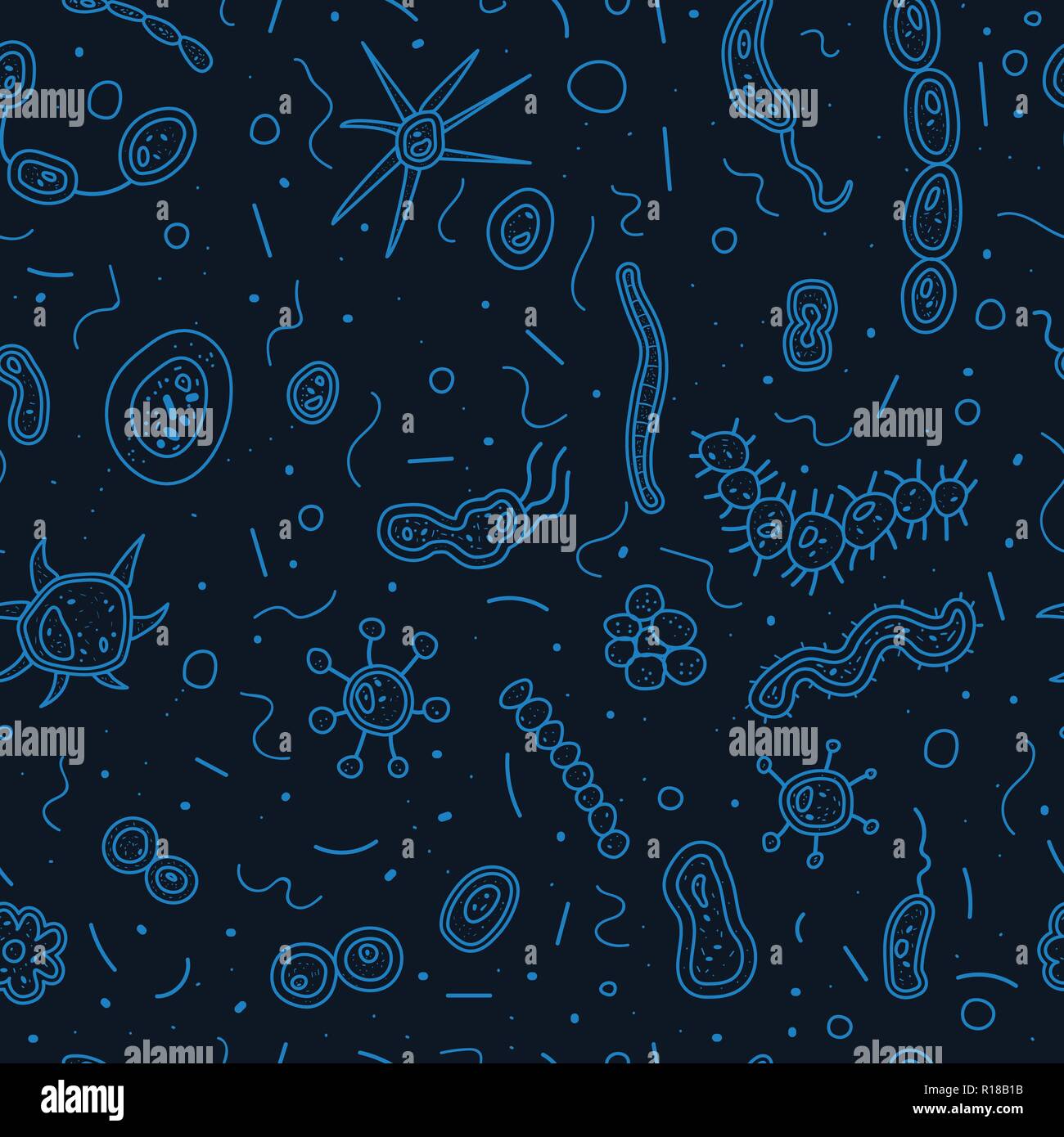 Bacterias cells seamless pattern. Microorganism collection. Vector dark ...