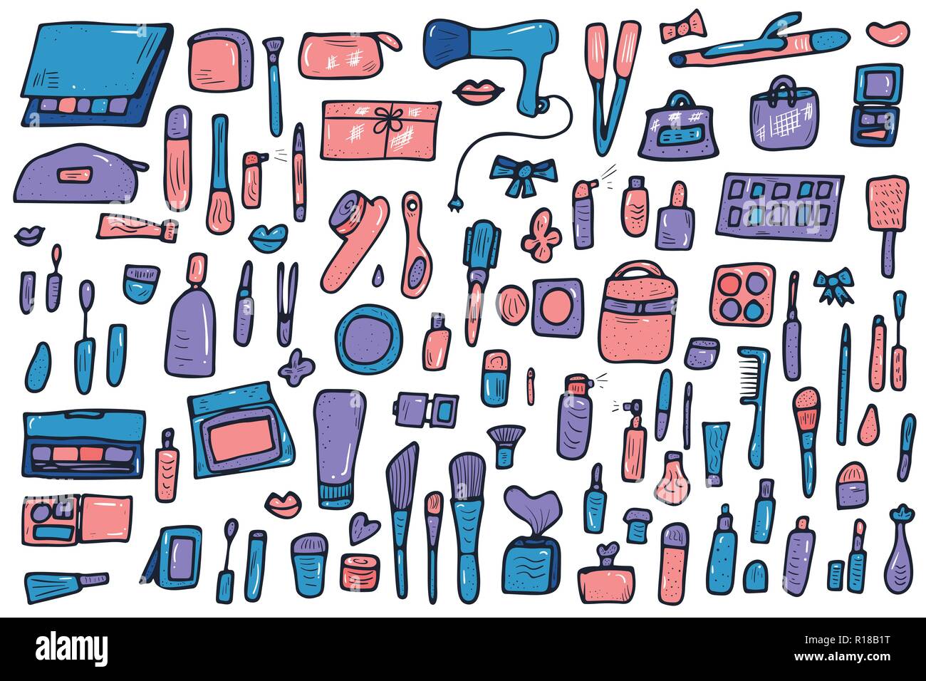 Vector beauty items. Set of doodle style cosmetic tools isolated on ...