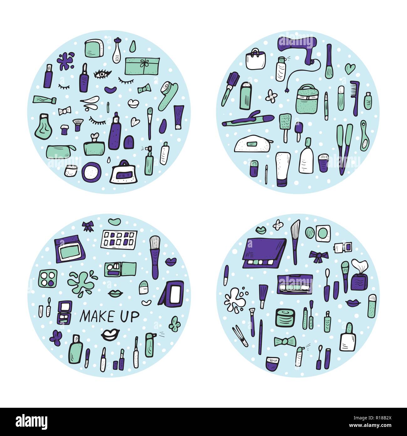 Vector set of circle badges of beauty items. Kit of doodle style ...