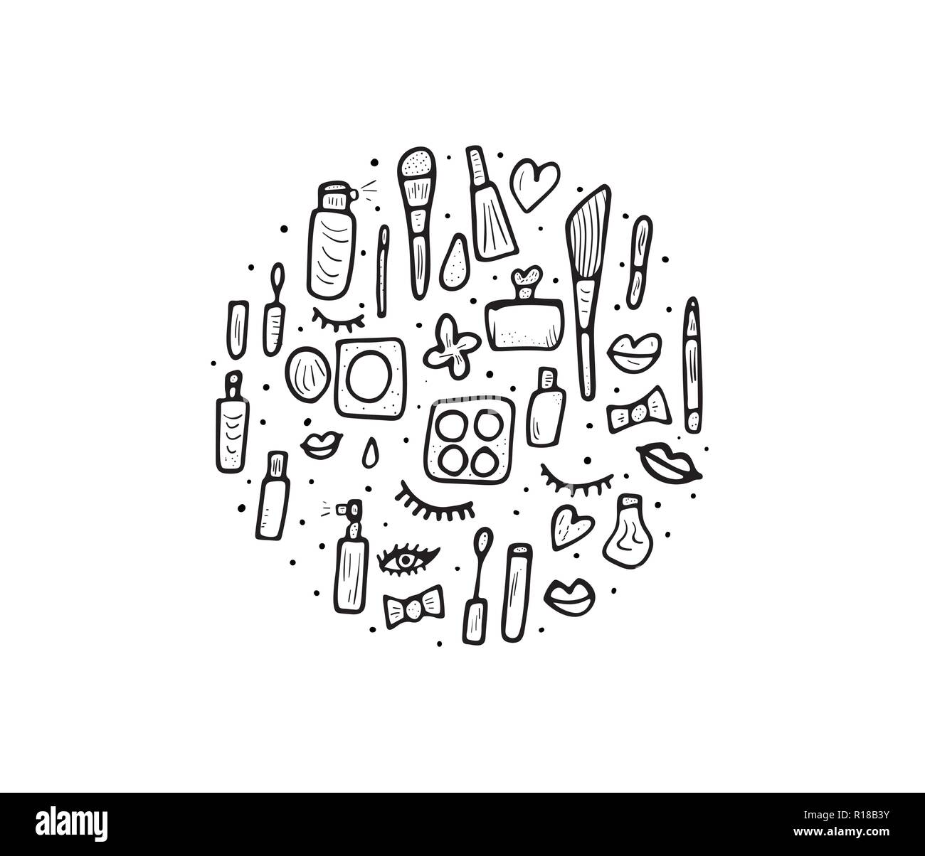 Round badge of vector beauty items. Collection of cosmetic tools in ...