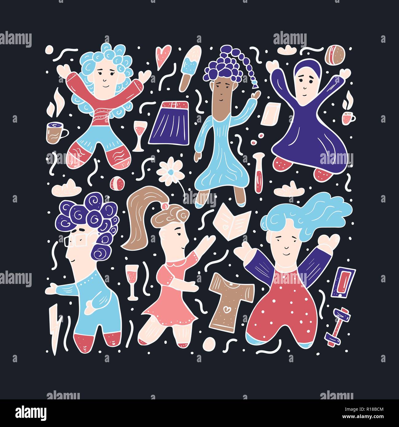 Vector illustration of girl power. Composition in doodle style with ...