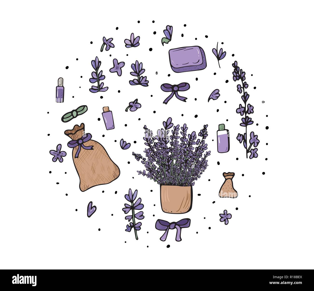 Lavender circle composition in doodle style. Round badge of flowers ...