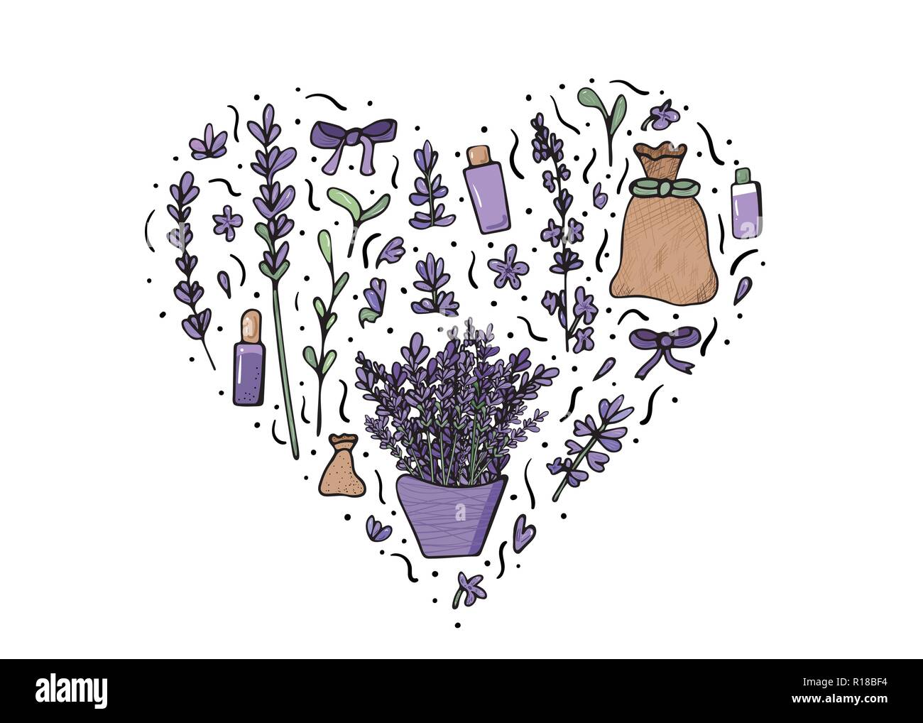 Lavender set heart composition in doodle style. Flowers elements ...