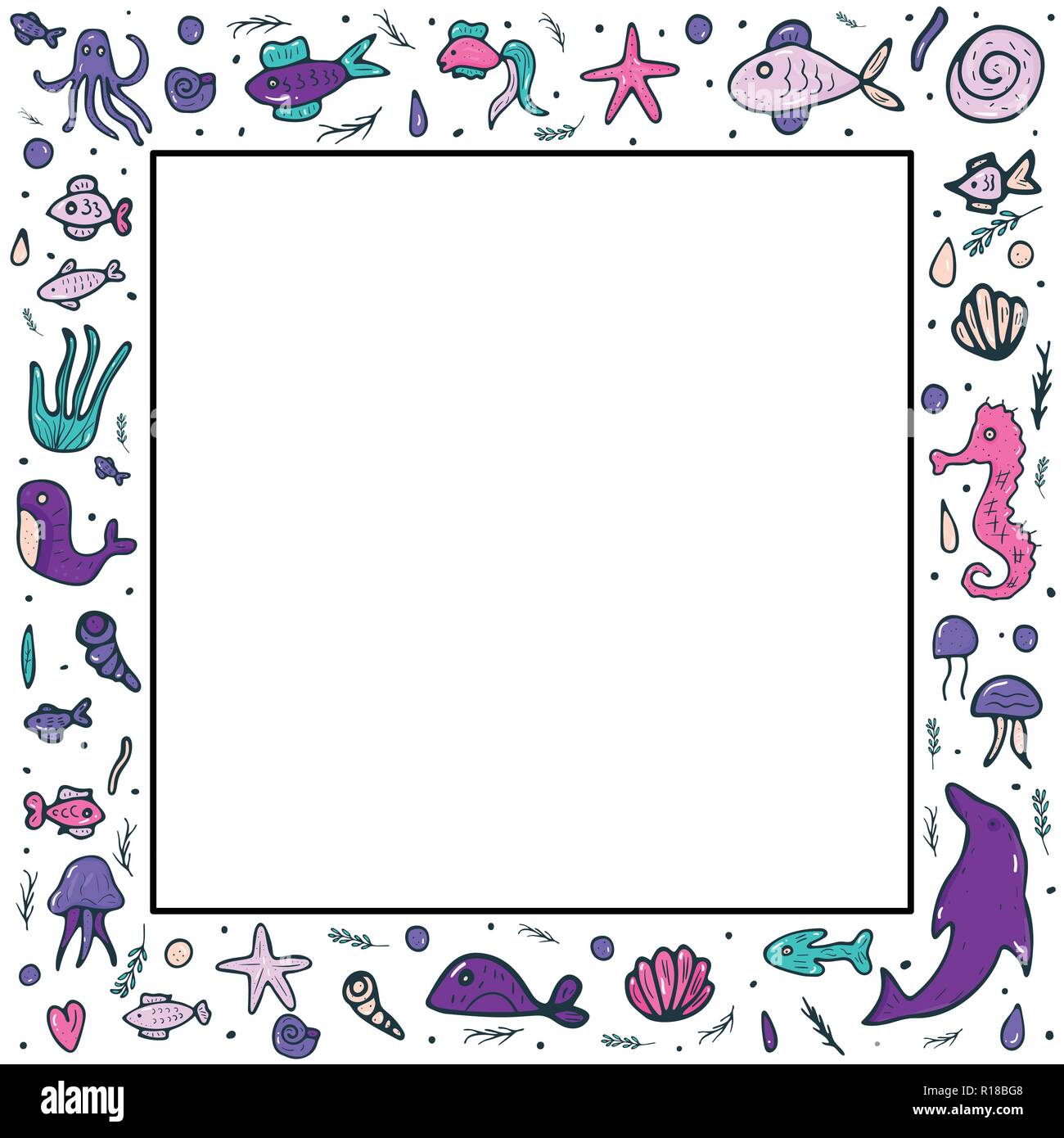 Underwater frame in doodle style. Square border with empty space for ...