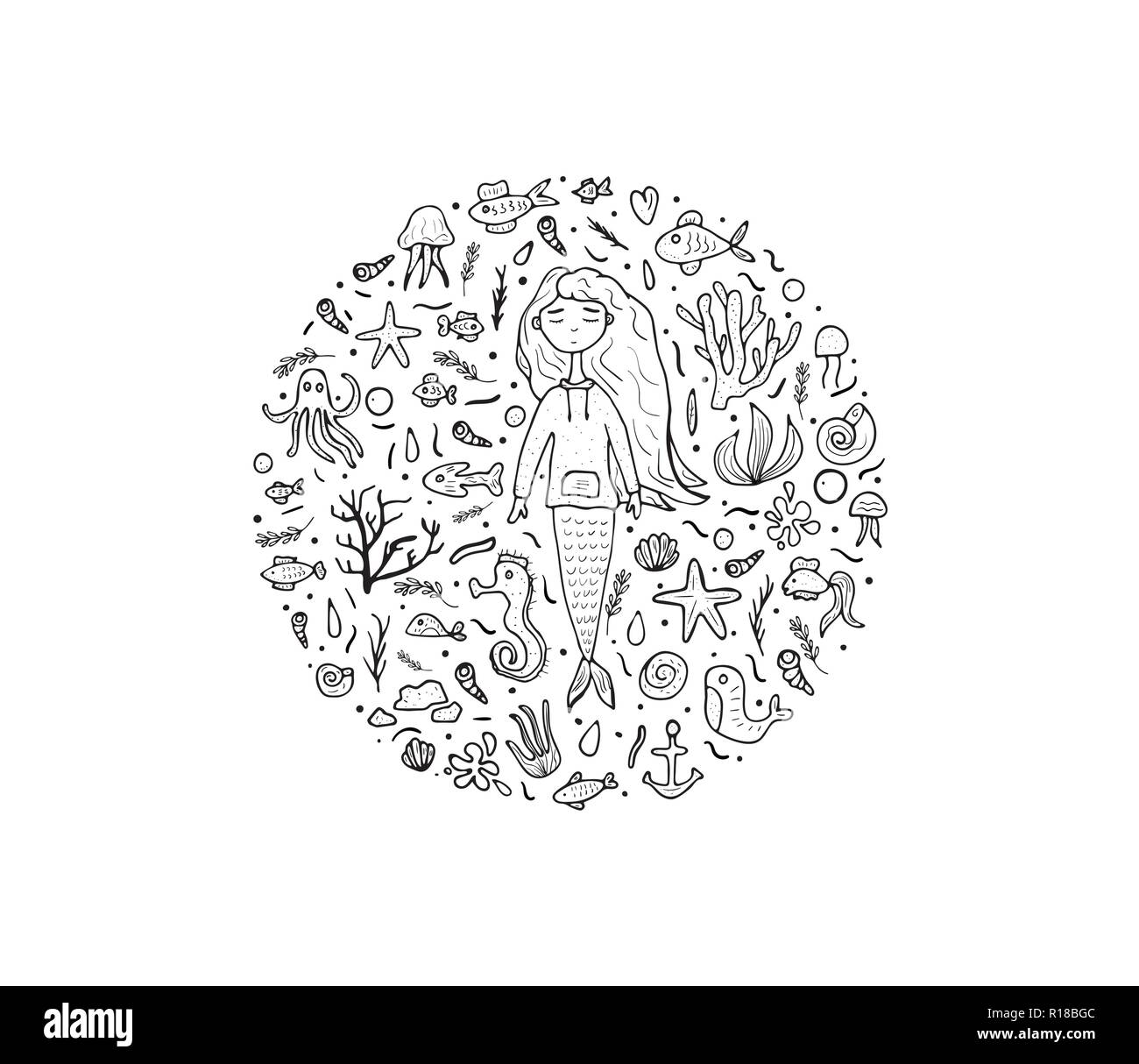 Vector circle composition of sea elements. Set of vector sketch of ...