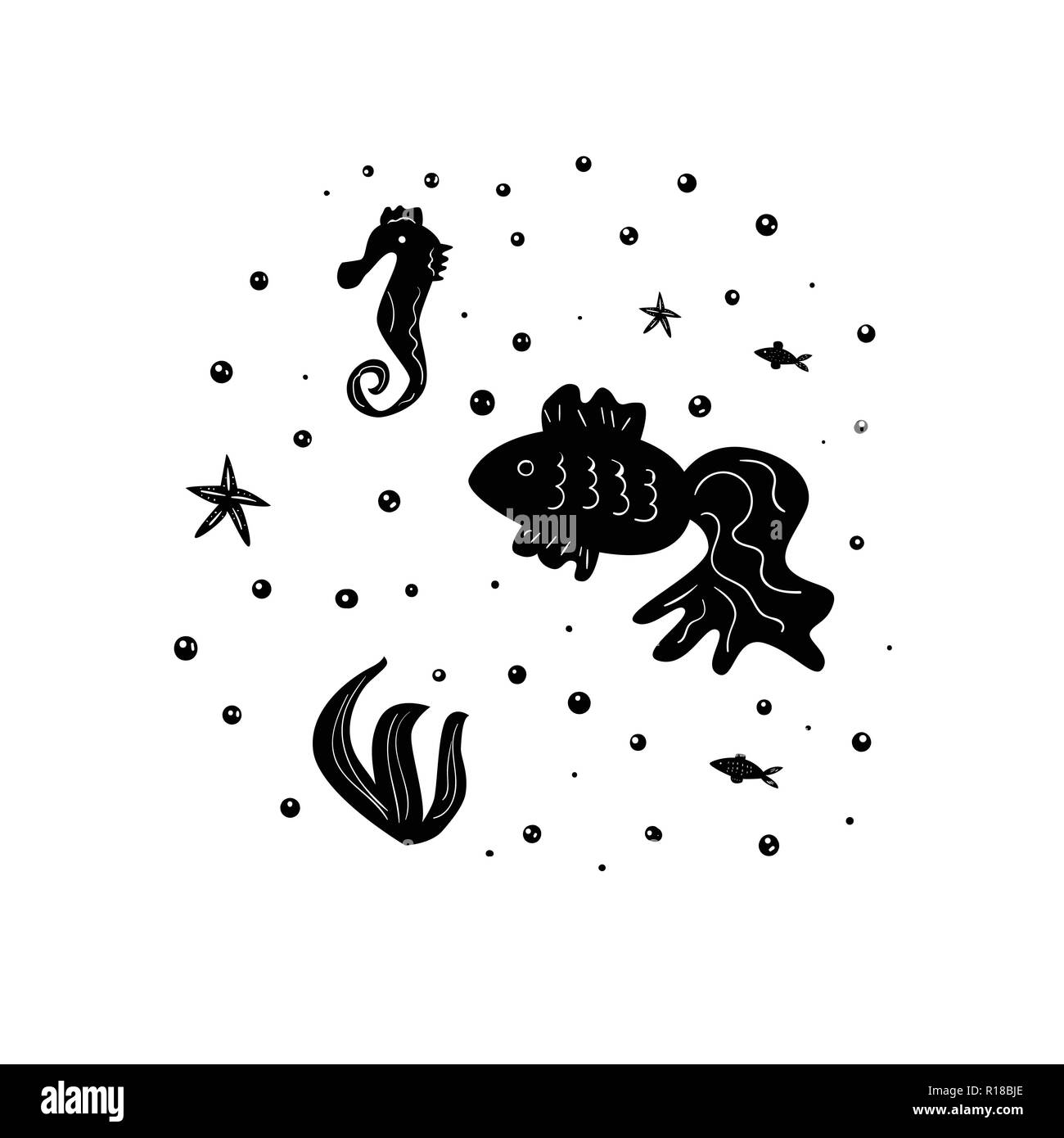 Sea silhouette composition. Underwater shadow-figures. Vector ...